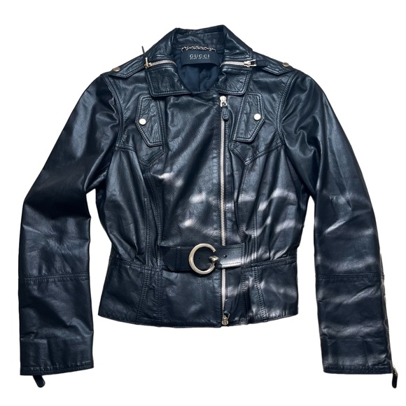 Gucci | Jackets & Coats | Gucci Genuine Leather Jacket With Gold Belt ...